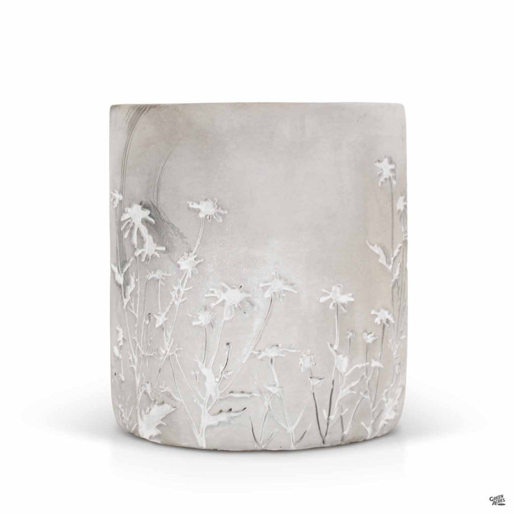 Round Cement Planter with Embossed Flowers — Green Acres Nursery & Supply